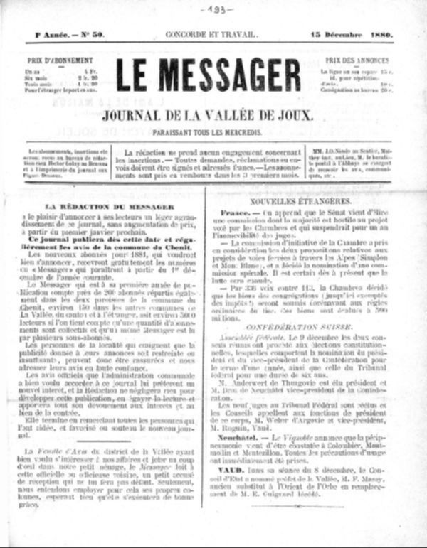 Le Messager : journal de la Vallée de Joux | Scriptorium