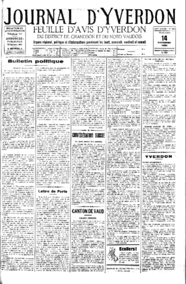 Journal d’Yverdon, Feuille d’Avis d’Yverdon, du district de Grandson et du Nord vaudois ...