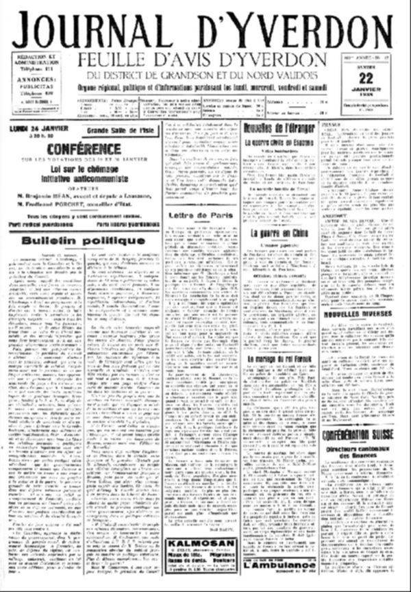 Journal d’Yverdon, Feuille d’Avis d’Yverdon, du district de Grandson et du Nord vaudois ...