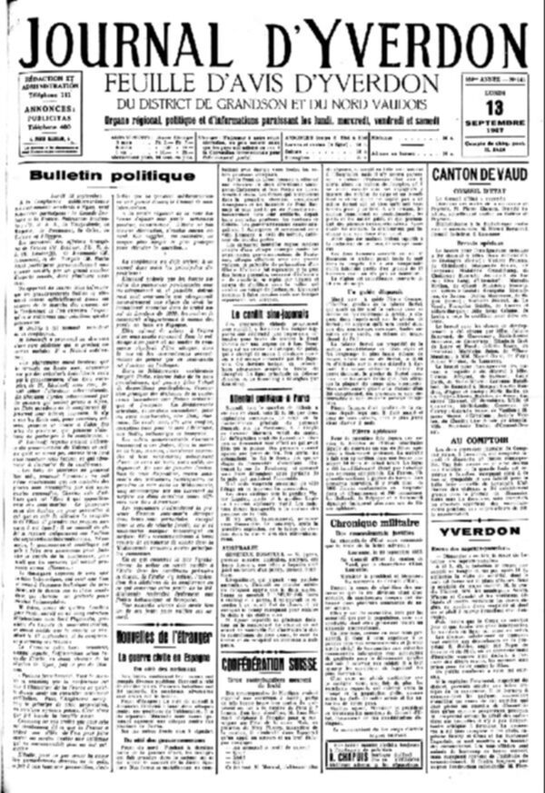 Journal d’Yverdon, Feuille d’Avis d’Yverdon, du district de Grandson et du Nord vaudois ...