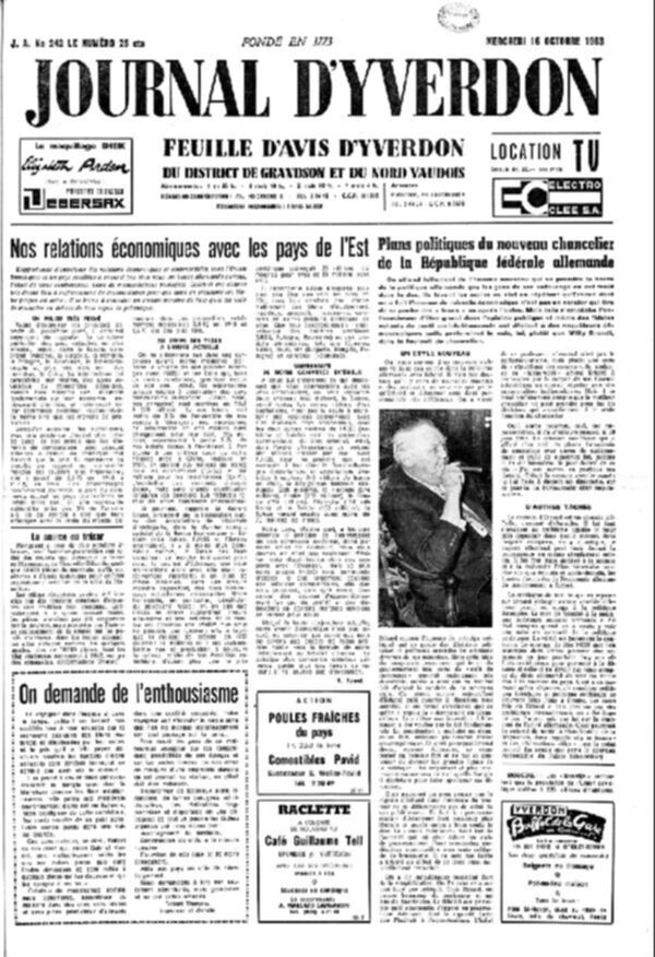 Journal d’Yverdon, Feuille d’Avis d’Yverdon, du district de Grandson et du Nord vaudois ...