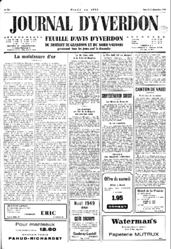 Journal d’Yverdon, Feuille d’Avis d’Yverdon, du district de Grandson et du Nord vaudois ...