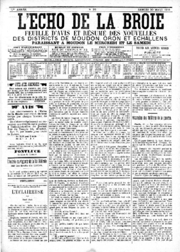 L’Echo de la Broie : feuille d’avis et résumé des nouvelles des districts de Moudon, Oron et ...