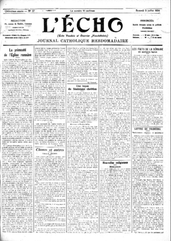 L’Echo (Echo vaudois et Courrier neuchâtelois) : journal catholique hebdomadaire | Scriptorium