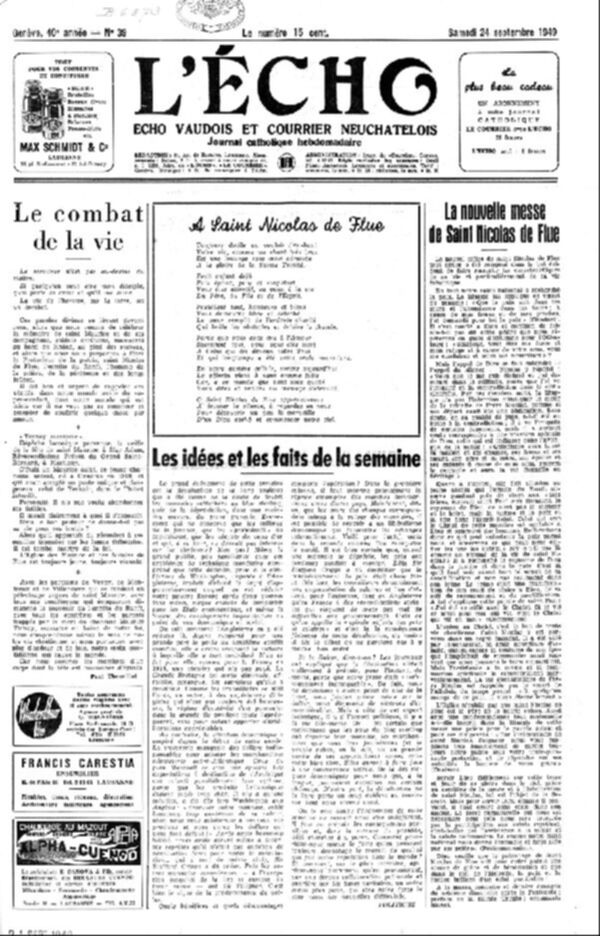L’Echo (Echo vaudois et Courrier neuchâtelois) : journal catholique hebdomadaire | Scriptorium